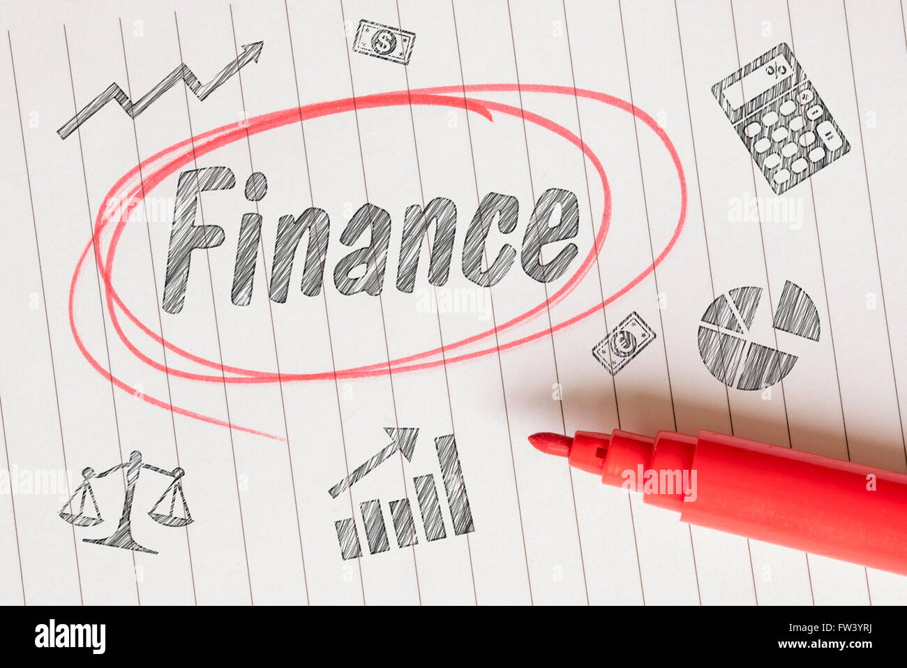 Finance note with a red circle and pencil sketches Stock Photo - Alamy