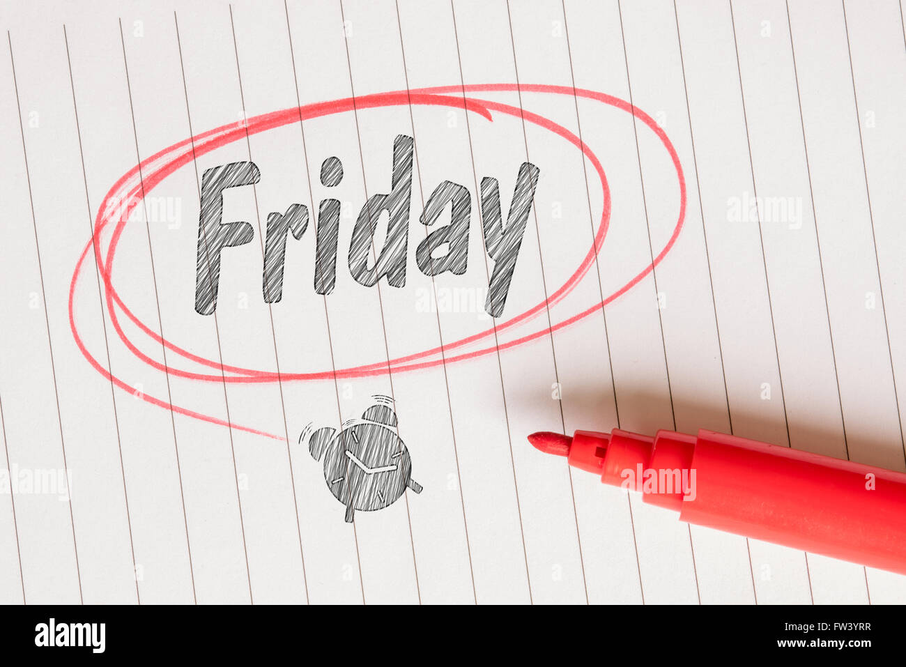 Friday memo note with a red circle and an alarm clock sketch Stock ...