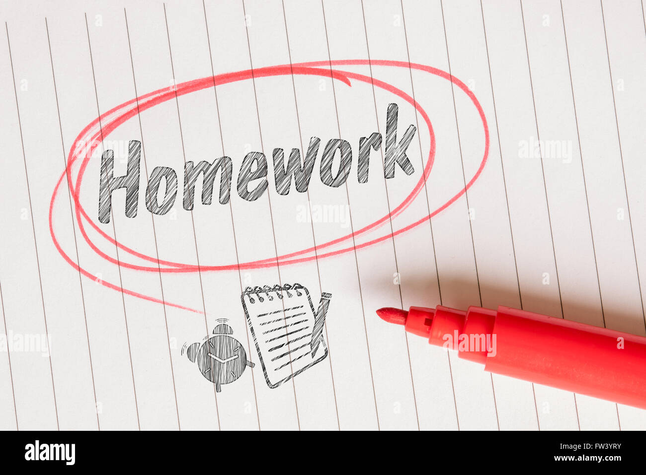 Homework note with a red brushed circle and a sketch Stock Photo - Alamy
