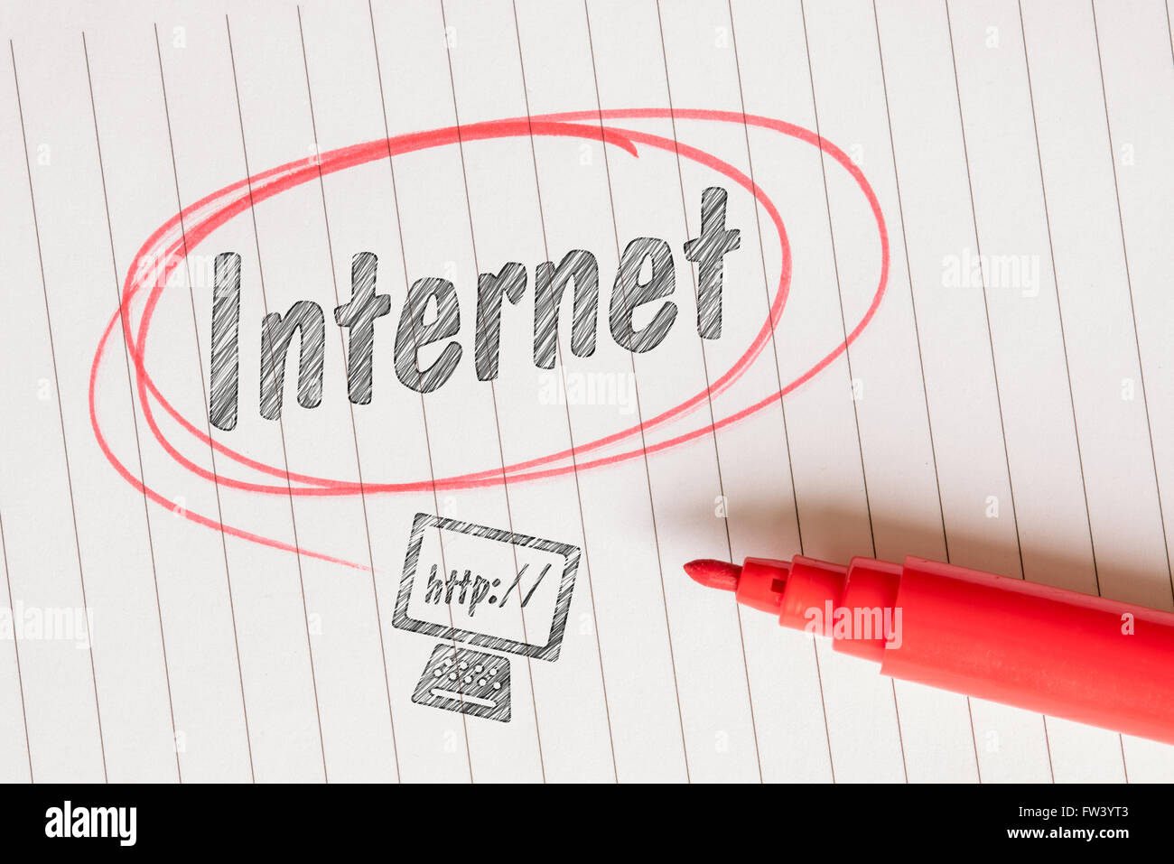 Internet note in a red circle with a computer sketch Stock Photo - Alamy