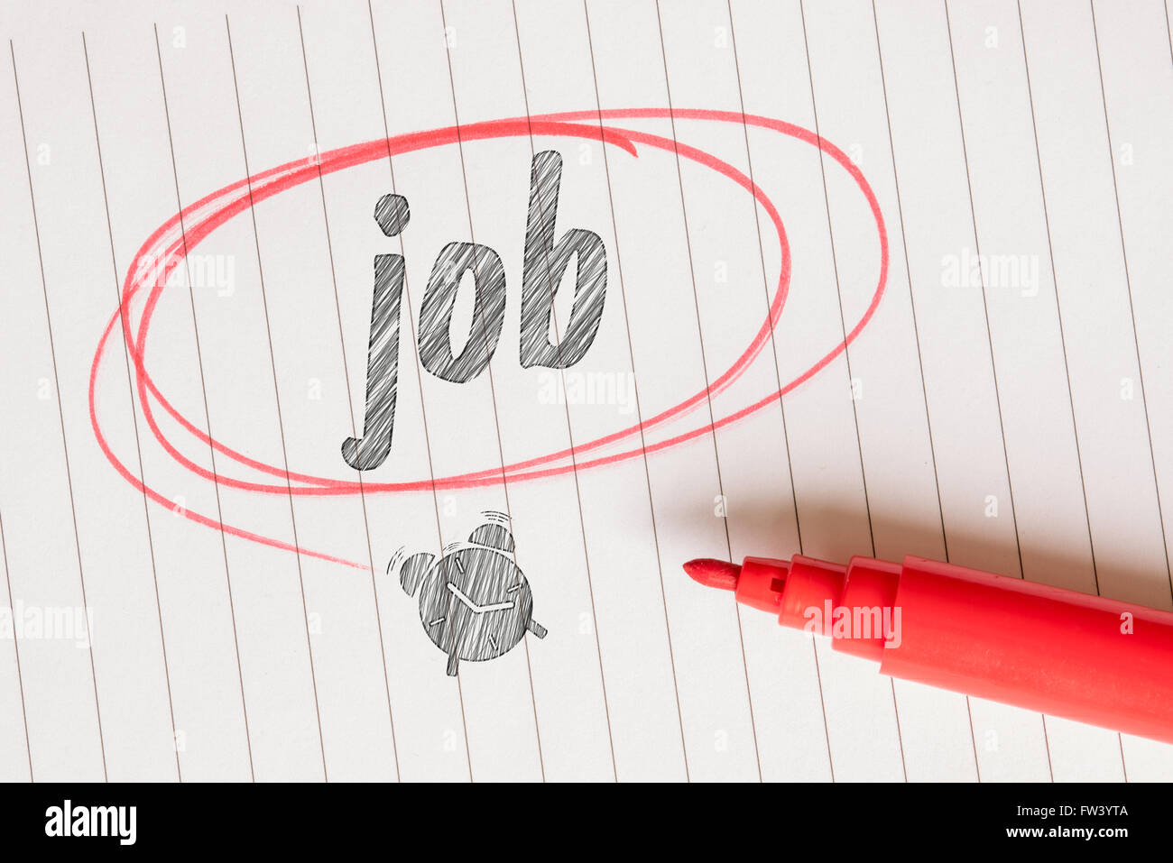 Job note with an alarm clock and a red circle Stock Photo - Alamy