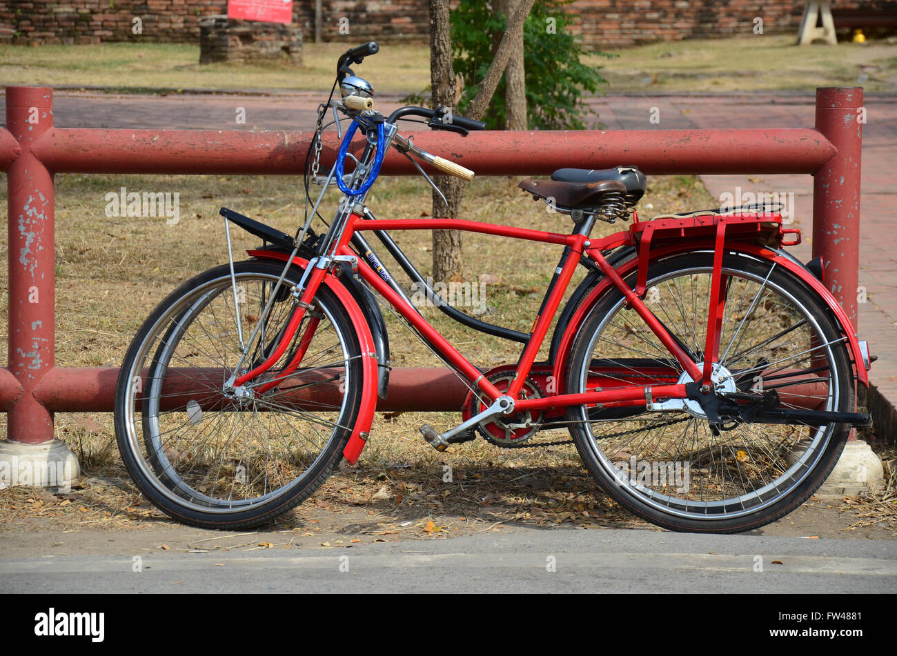 Classic red bicycle for rent ride travel around Ayutthaya historical ...