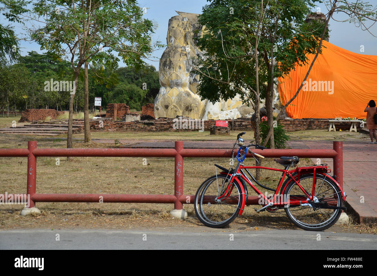 Classic red bicycle for rent ride travel around Ayutthaya historical ...
