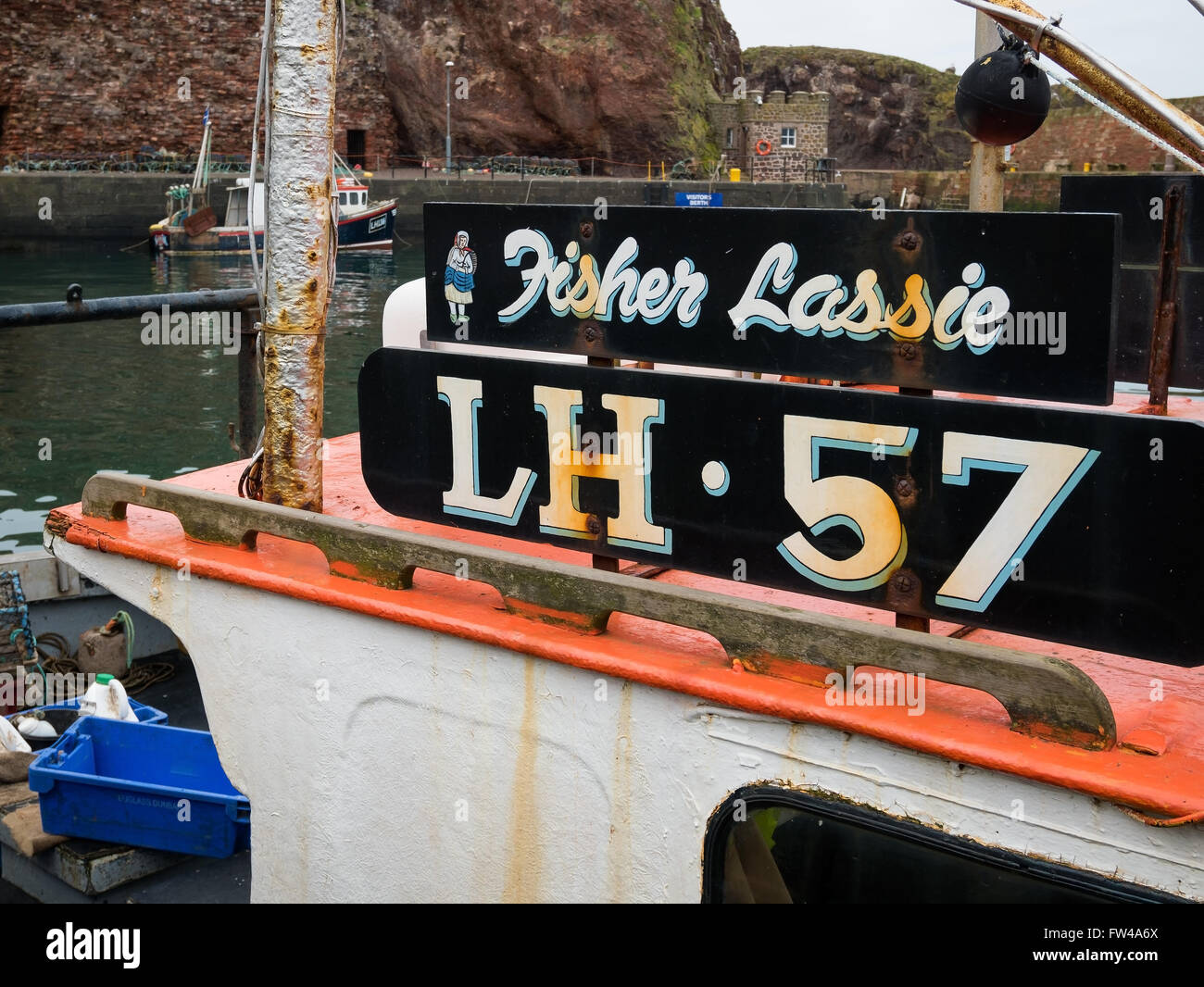 Details of a fishing boat in the harbour at Dunbar, Scotland Stock ...
