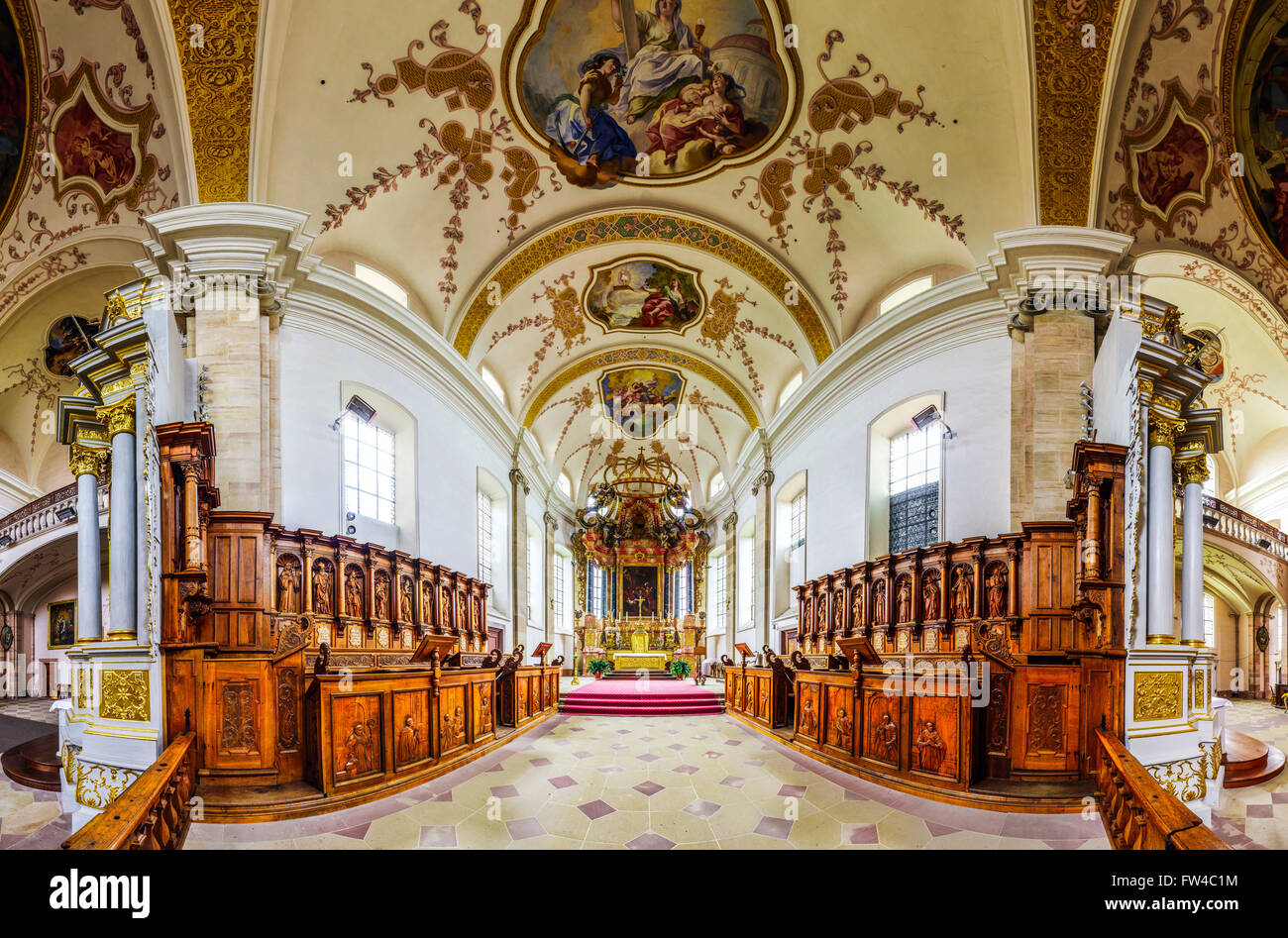 Panoramic view of beautiful baroque church interior, Ebersmunster ...
