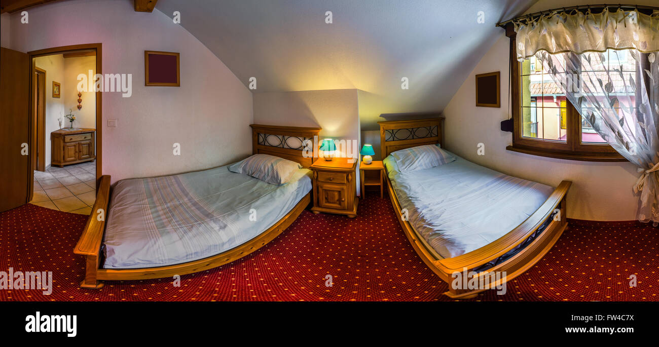 Fisheye view of children bedroom with two beds, interior Stock Photo ...
