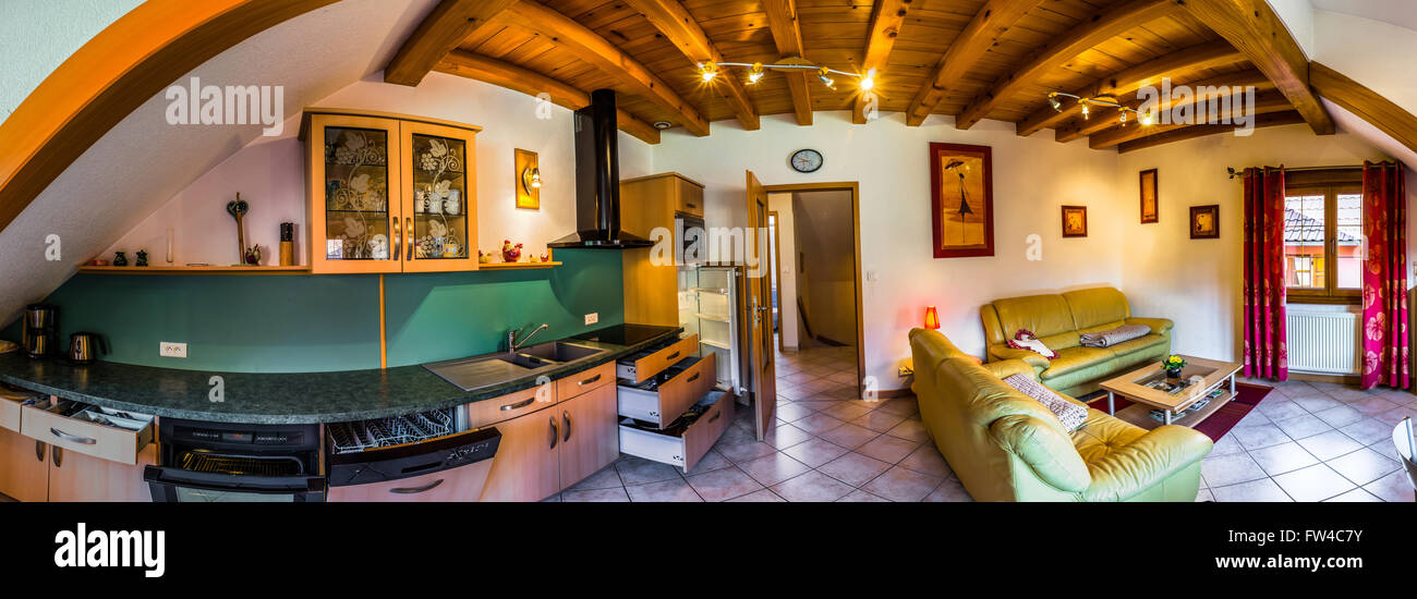 Fisheye panoramic view of studio in classic house, living room Stock ...