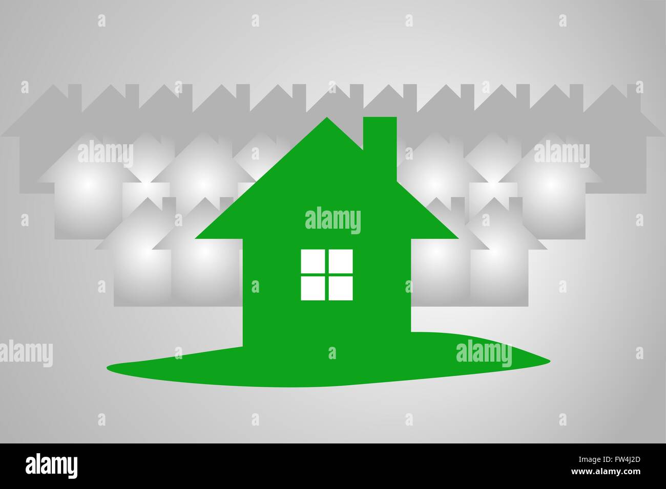 Gray gradient houses on a gray gradient background. Green house with a ...