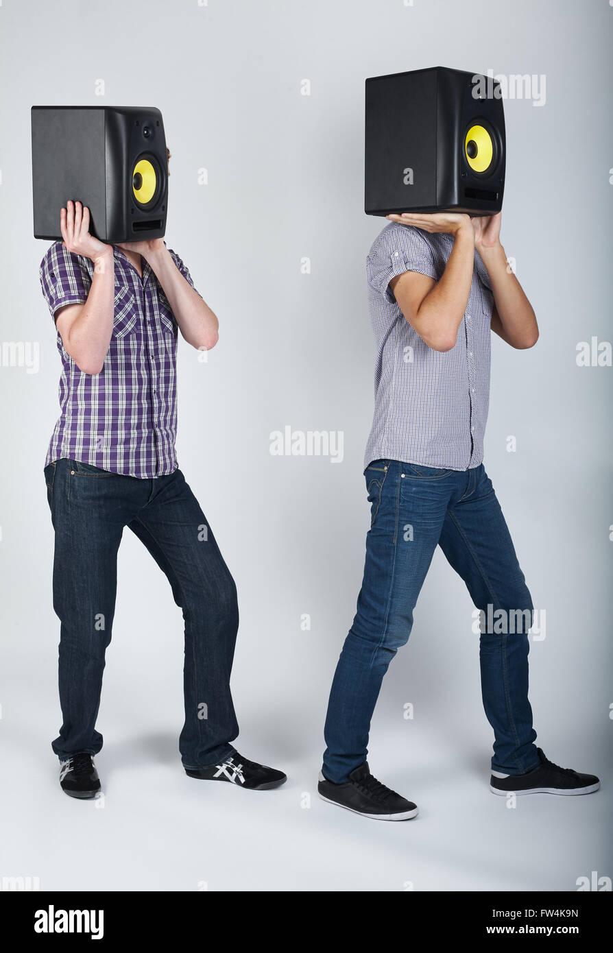 two funny boys with speakers Stock Photo - Alamy
