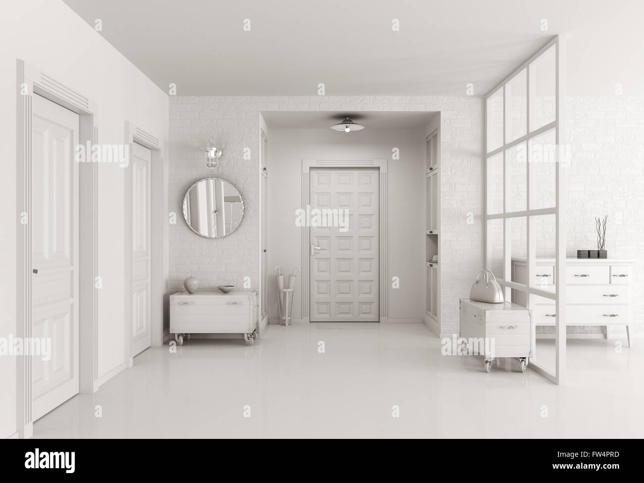Interior of modern white entrance hall 3d render Stock Photo - Alamy