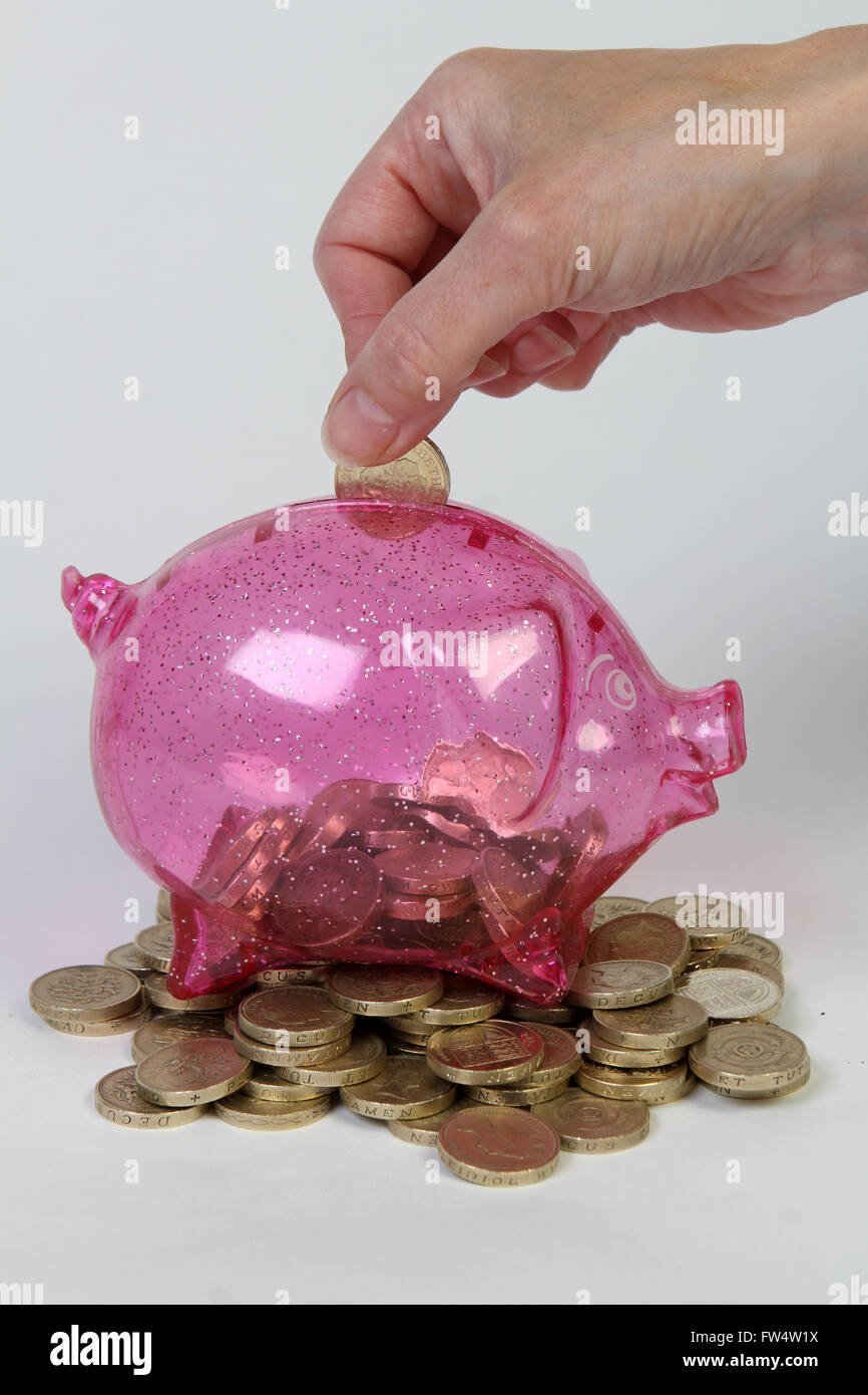 Money being saved in piggy bank Stock Photo - Alamy