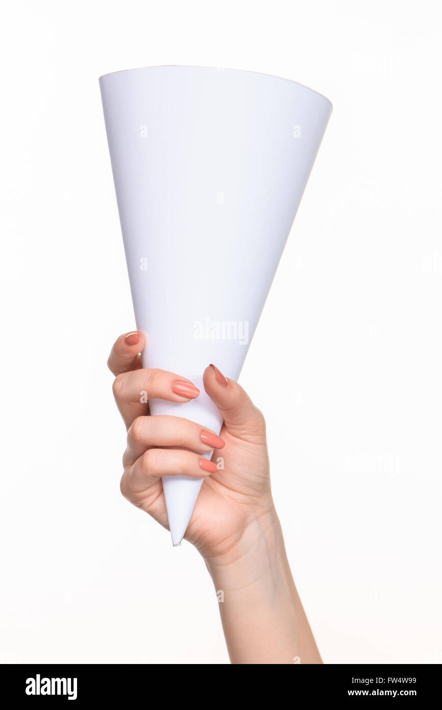 The cone in female hands on white background Stock Photo - Alamy