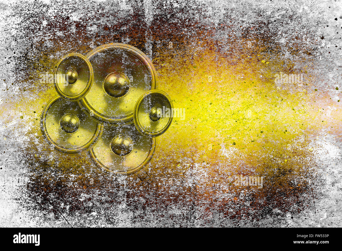 Yellow audio speakers on a black and white grunge background Stock ...
