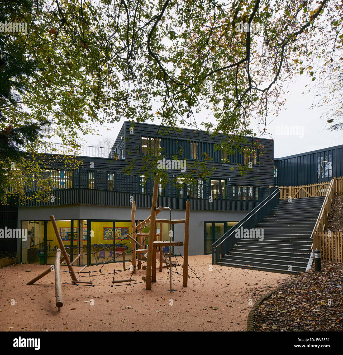 Play area with sunken hall and stairway. Davenies School, Beaconsfield ...