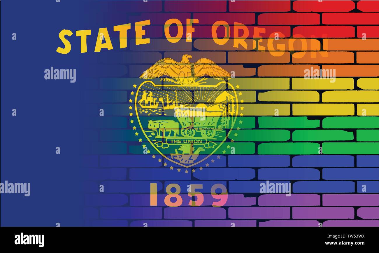 A well worn wall painted with a LGBT rainbow with the Oregon state flag ...