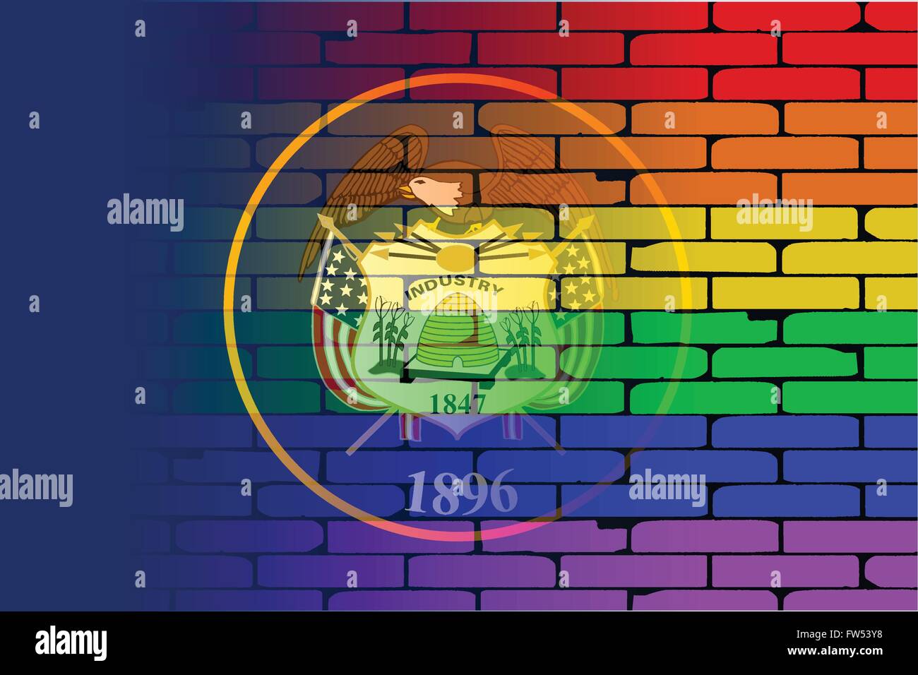 A well worn wall painted with a LGBT rainbow with the Utah state flag ...