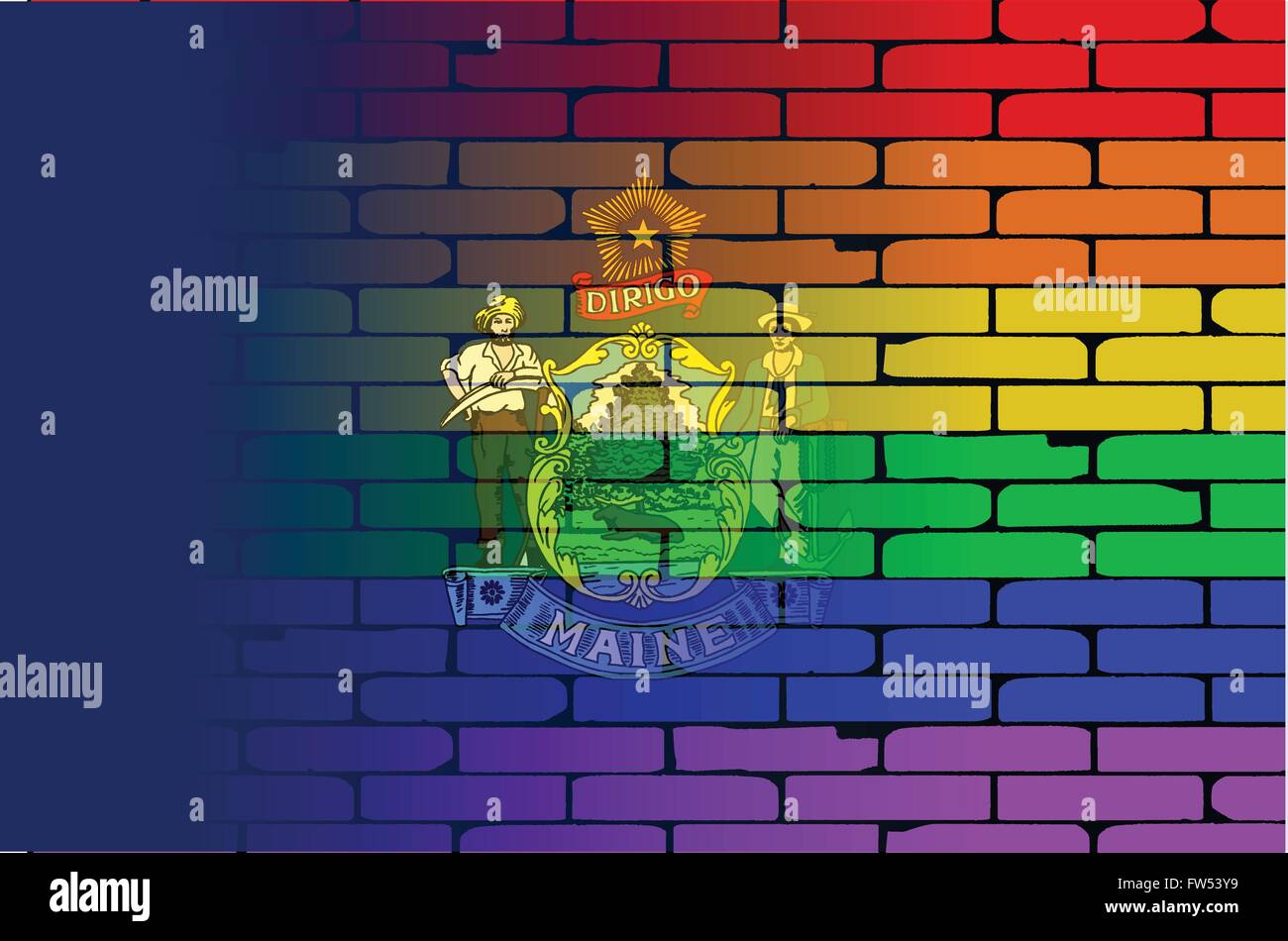 A well worn wall painted with a LGBT rainbow with the Maine state flag ...