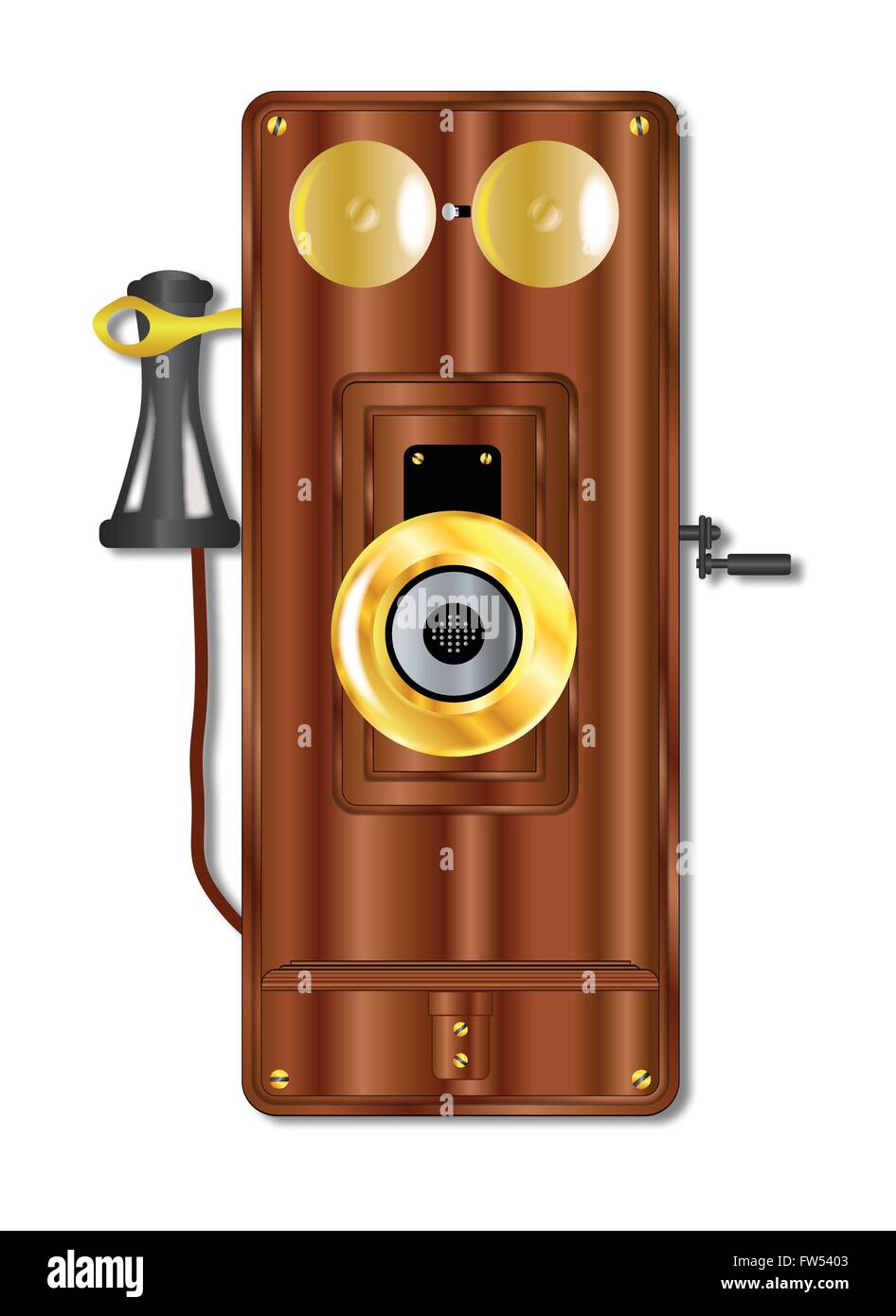 An early model wall mounted telephone with bells ear and mouthpiece ...