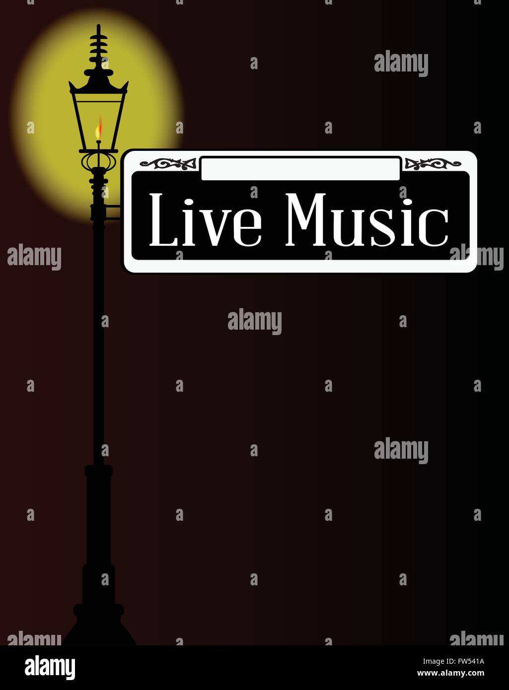 Live Music street sign with old gas street light over a dark background ...
