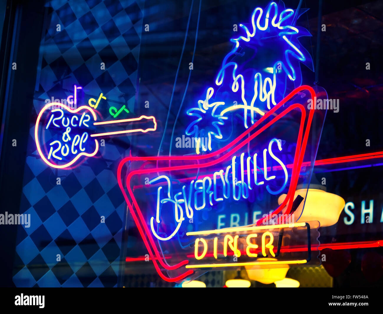 Old Arbat Street, Moscow, Russia - February 14, 2016: Cafe neon sign at ...