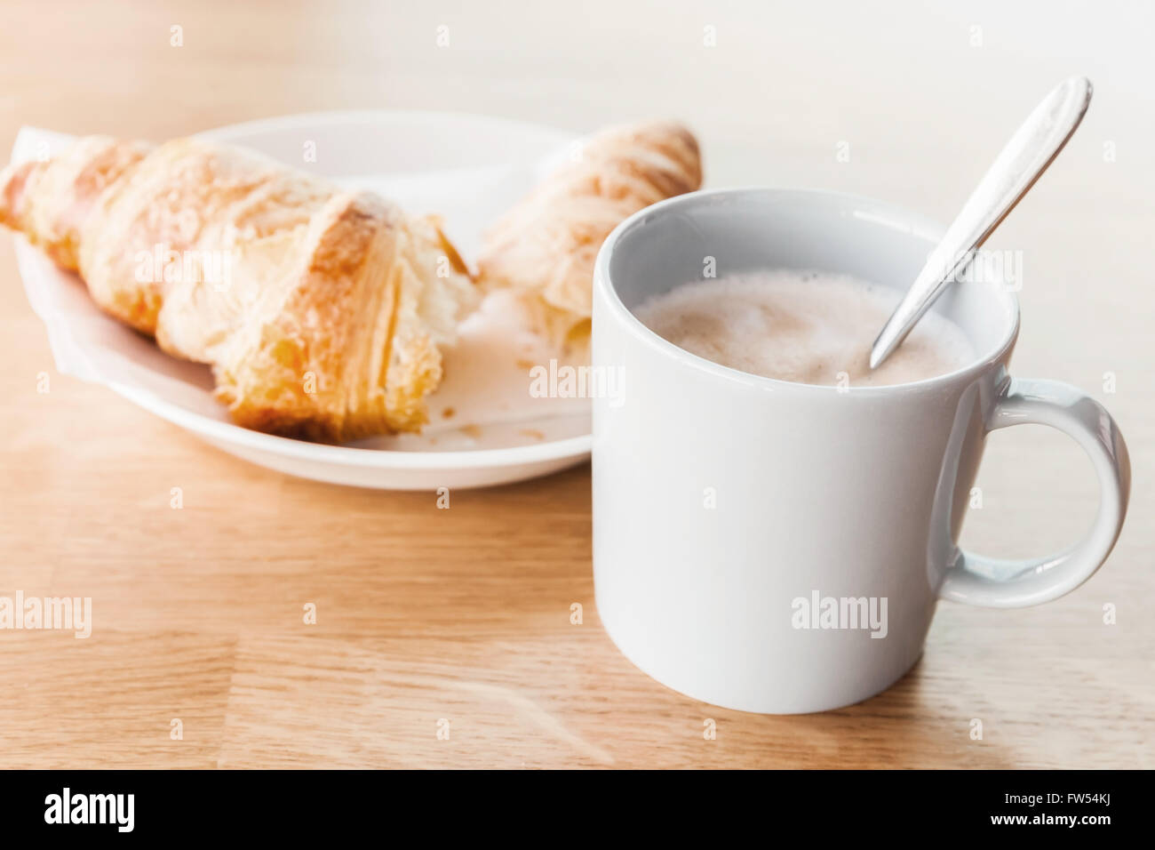 Breakfast menu. Cappuccino with croissant. Cup of coffee with milk foam ...