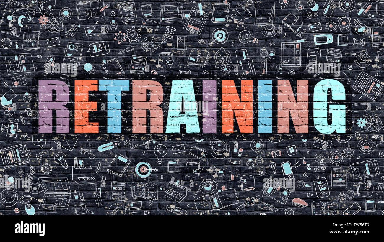 Multicolor Retraining on Dark Brickwall. Doodle Style Stock Photo - Alamy