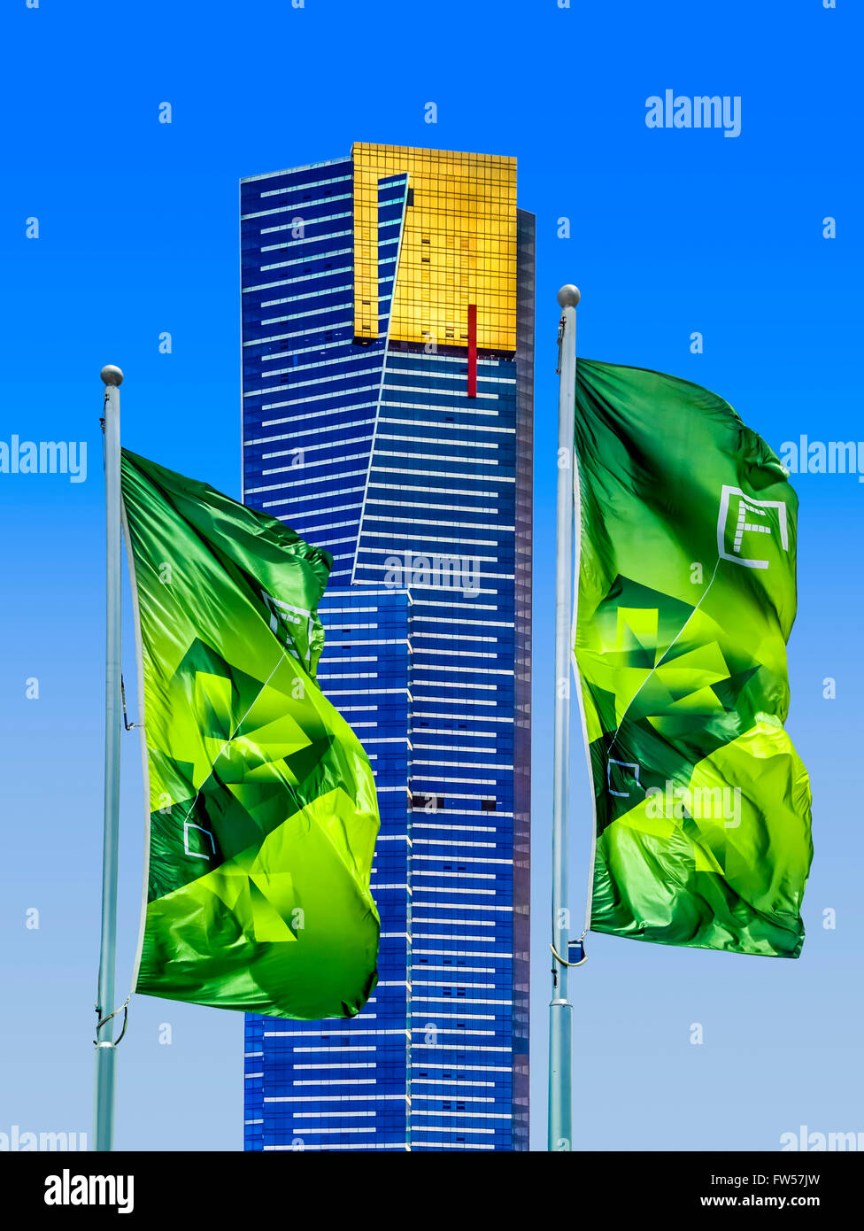 Through vibrant green flags of Federation Square, offer stunning views ...