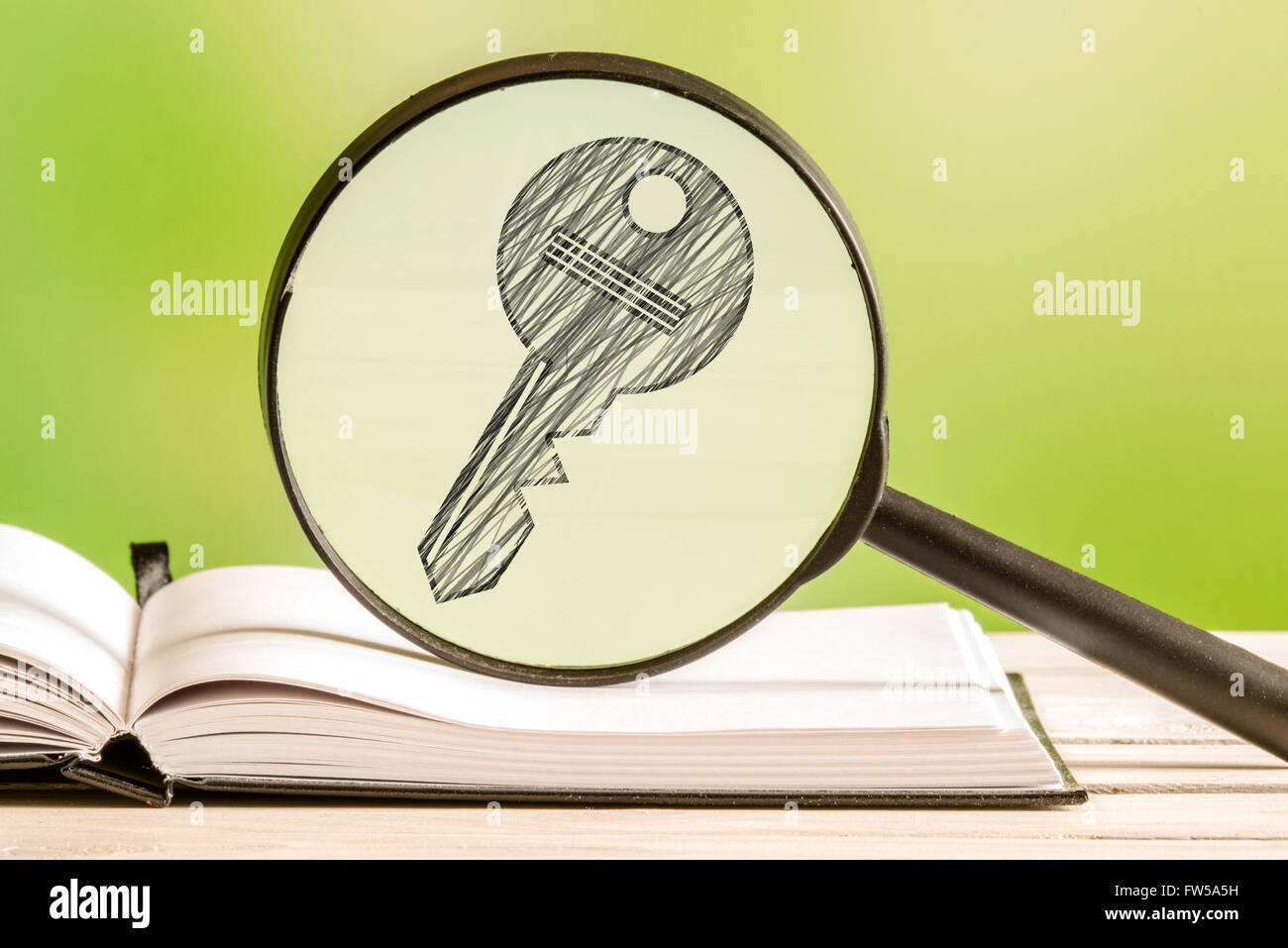 Access information with a pencil drawing of a key in a magnifying glass ...
