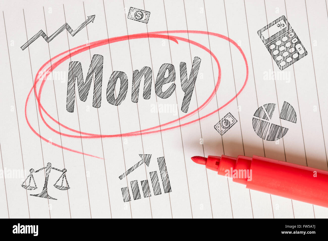 Money note with hand drawn sketches and a red marker Stock Photo - Alamy