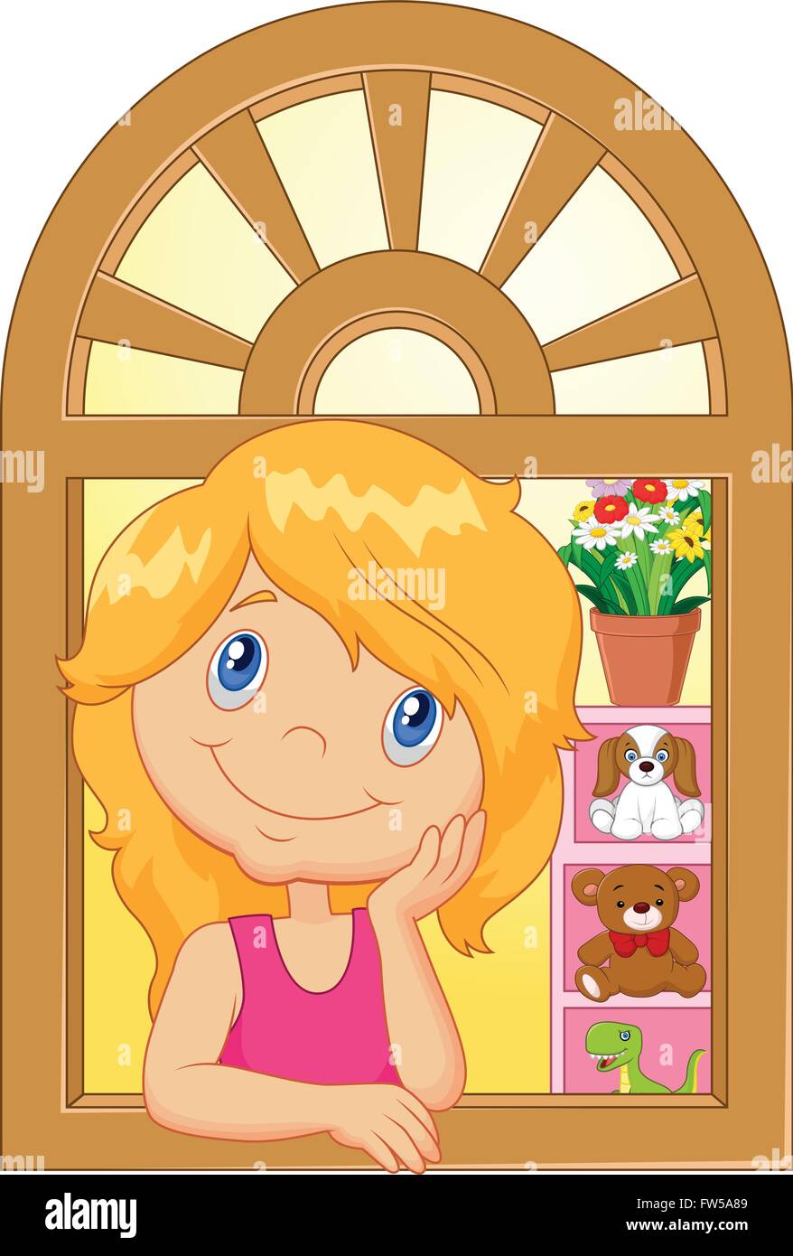Cartoon little girl smiling and watching out the window Stock Vector ...