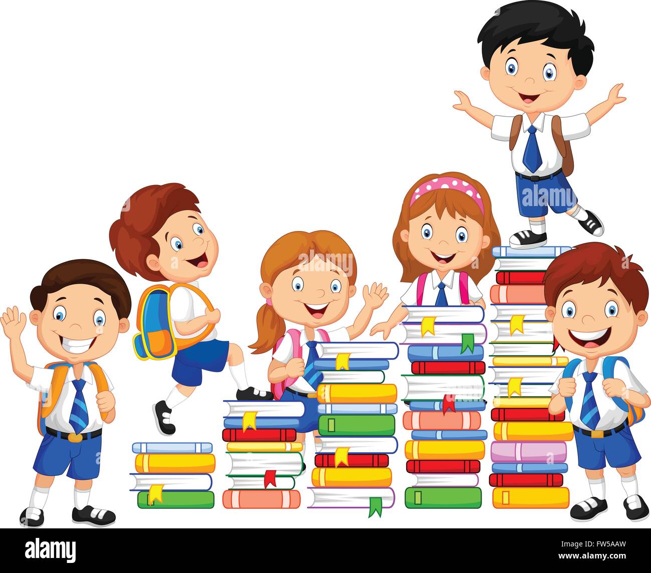 Happy schoolkids playing with stack of book Stock Vector Image & Art ...