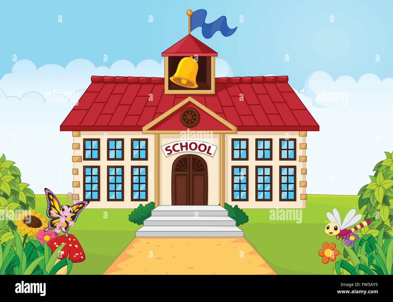 Cartoon school building isolated with green yard Stock Vector Image ...