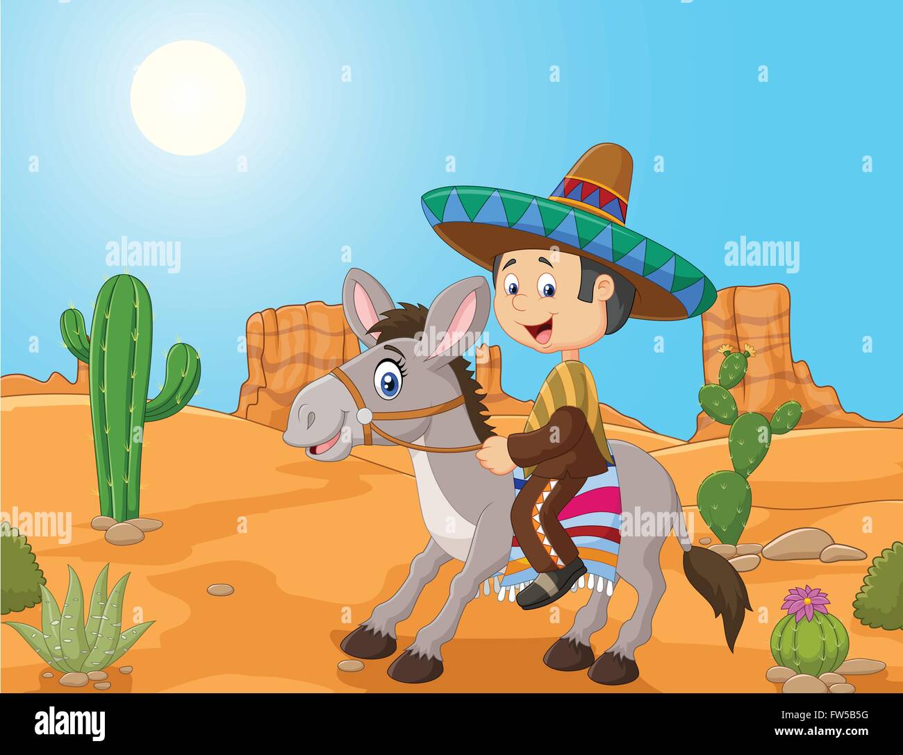 Mexican men driving a donkey in the desert background Stock Vector ...