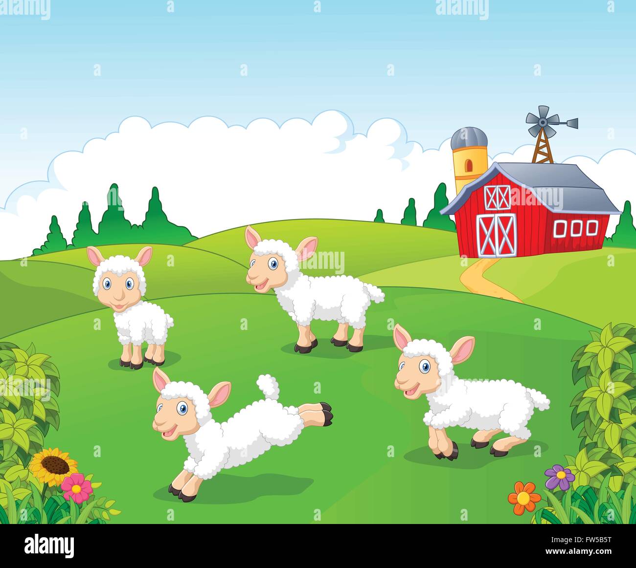Cute cartoon sheep collection set with farm background Stock Vector ...