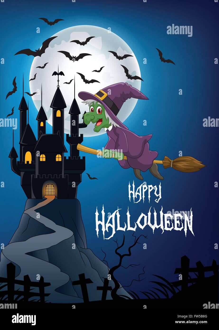 Cartoon witch flying on broom stick with full moon and castle ...