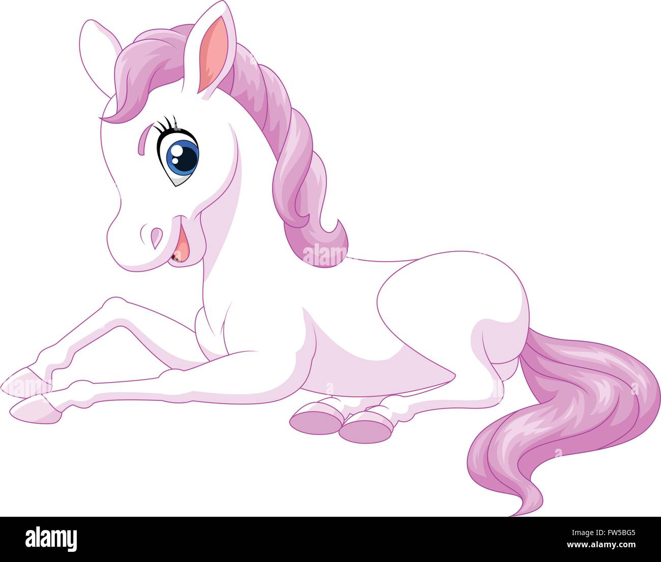 Cartoon funny beautiful pony horse sitting isolated on white background ...