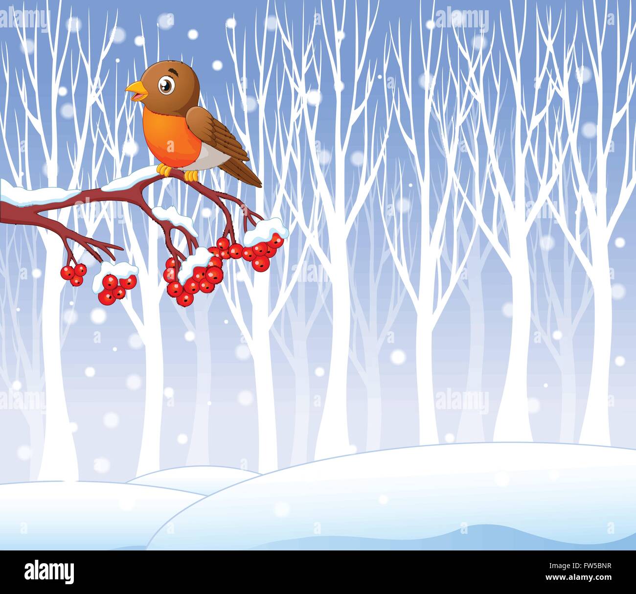 Cartoon funny robin bird on the berry tree with winter background Stock ...