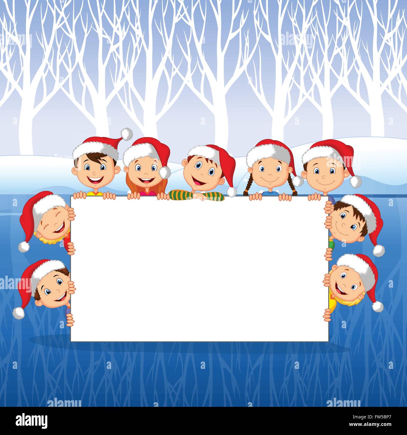Little Kids with a blank sign and Christmas hats with winter background ...