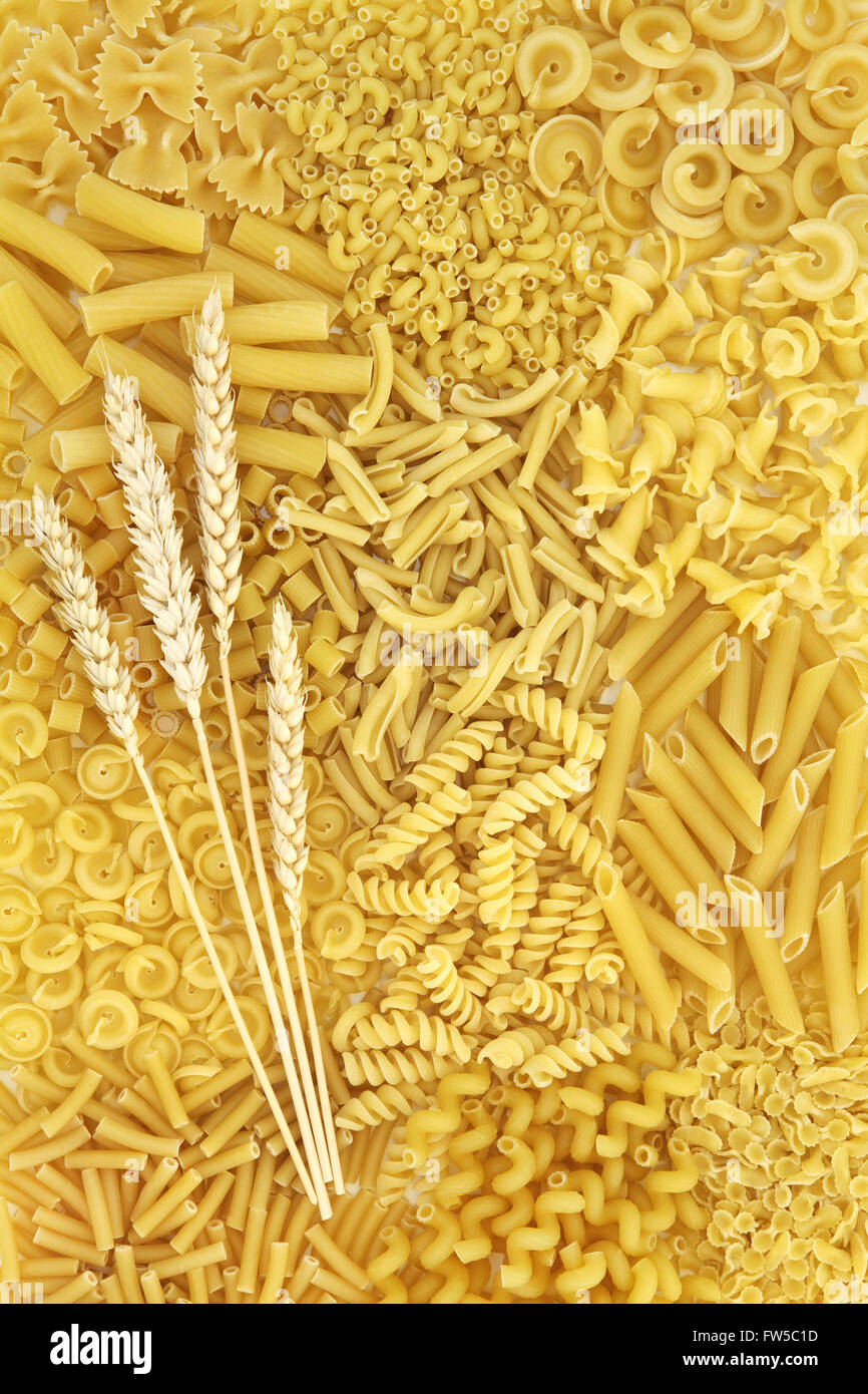 Dried italian pasta food selection with wheat forming an abstract ...