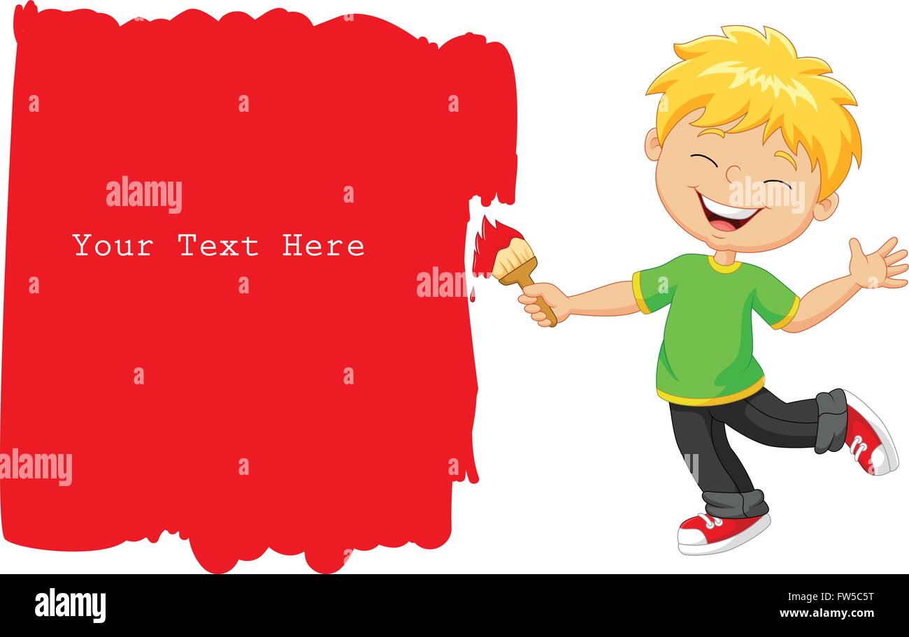 Cartoon little boy painting the wall with red color Stock Vector Image ...