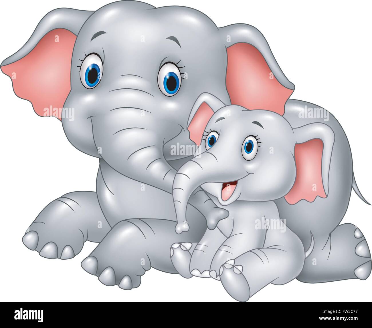 Cartoon funny Mother and baby elephant isolated on white background ...