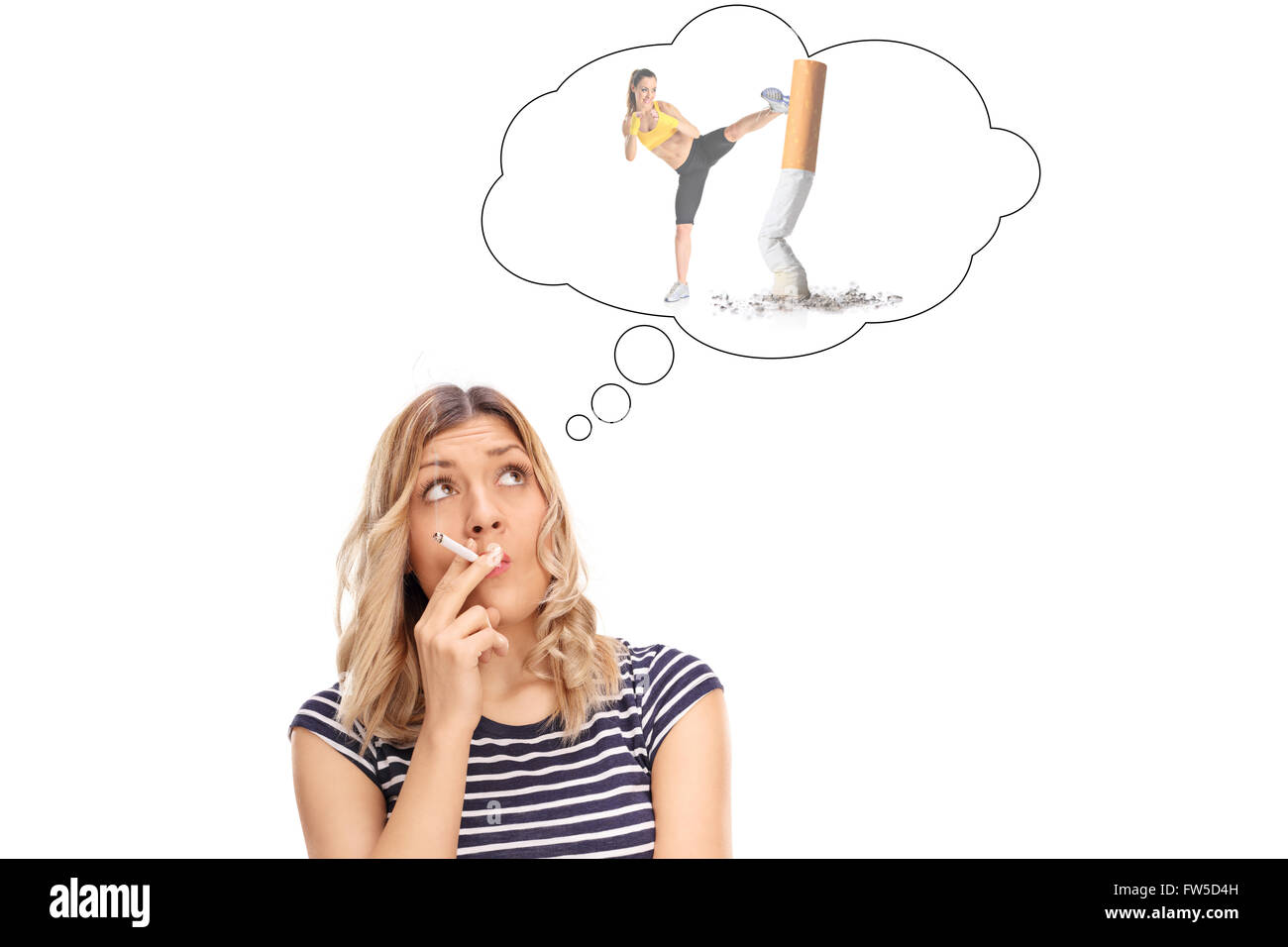 Young woman smoking a cigarette and thinking how to quit smoking ...