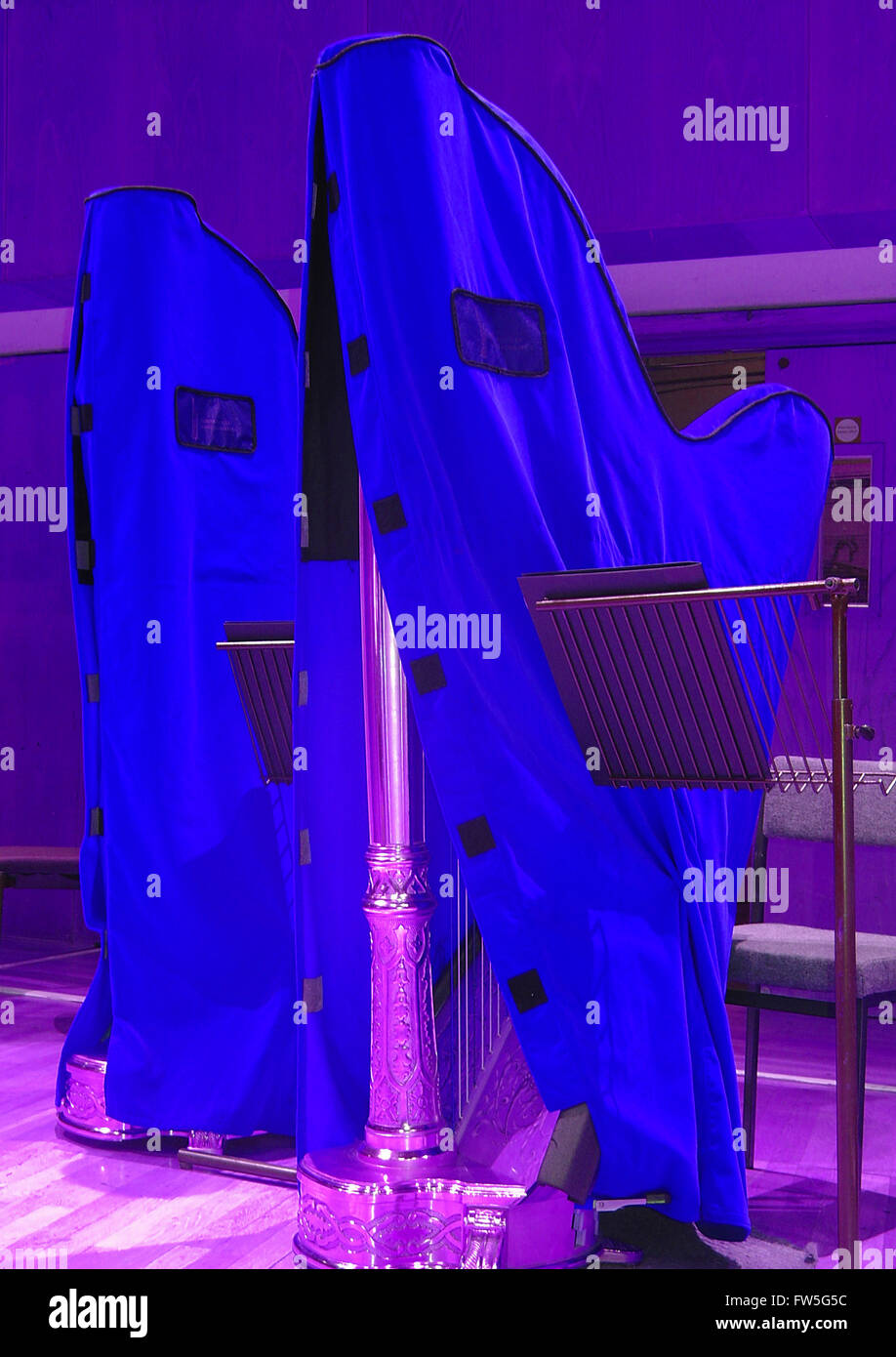 'Sleeping Harps' - two concert harps on a platform in blue light in ...