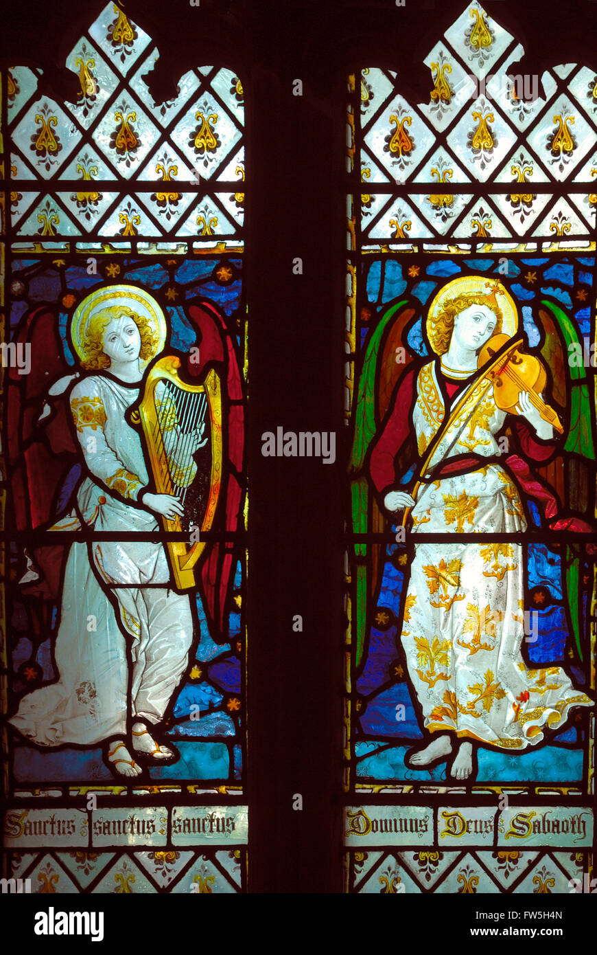 Angels playing mediaeval fiddle,violin and harp stained glass window ...