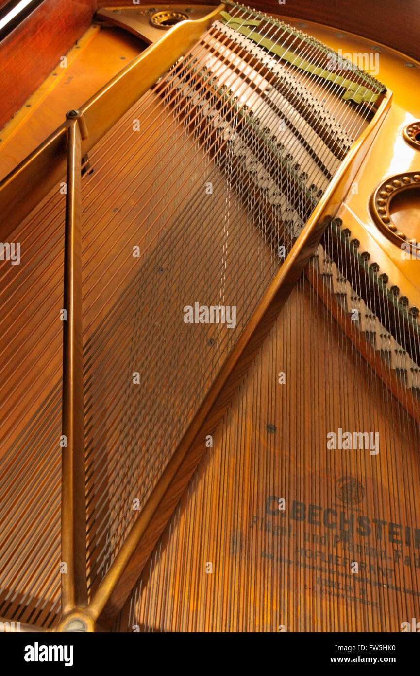 Piano mechanism - sound board, strings, bridge of Bechstein Model A ...