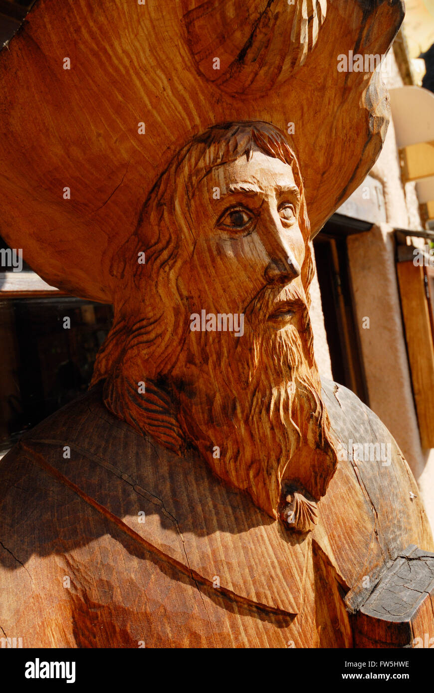 wooden carving of pilgrim with staff in Conques, DŽpartement de l ...