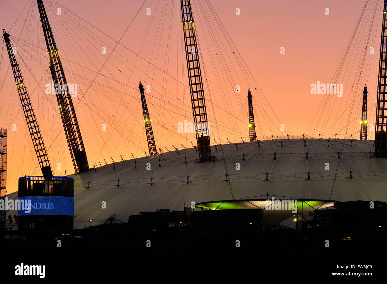 sunset view of the exterior constructional 'spires' of the O2 Arena ...