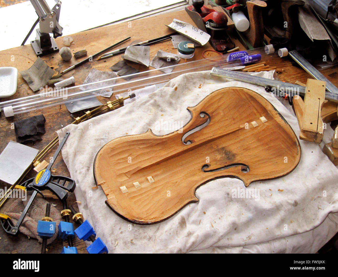 violin maker's and repairer's workbench (Paul Balmer) showing the ...