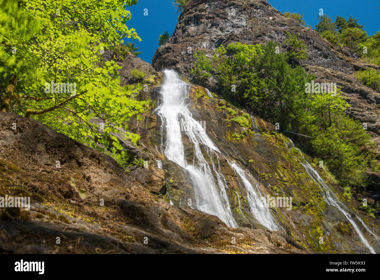 Waterfall running over cliff, green trees blue sky Stock Photo - Alamy