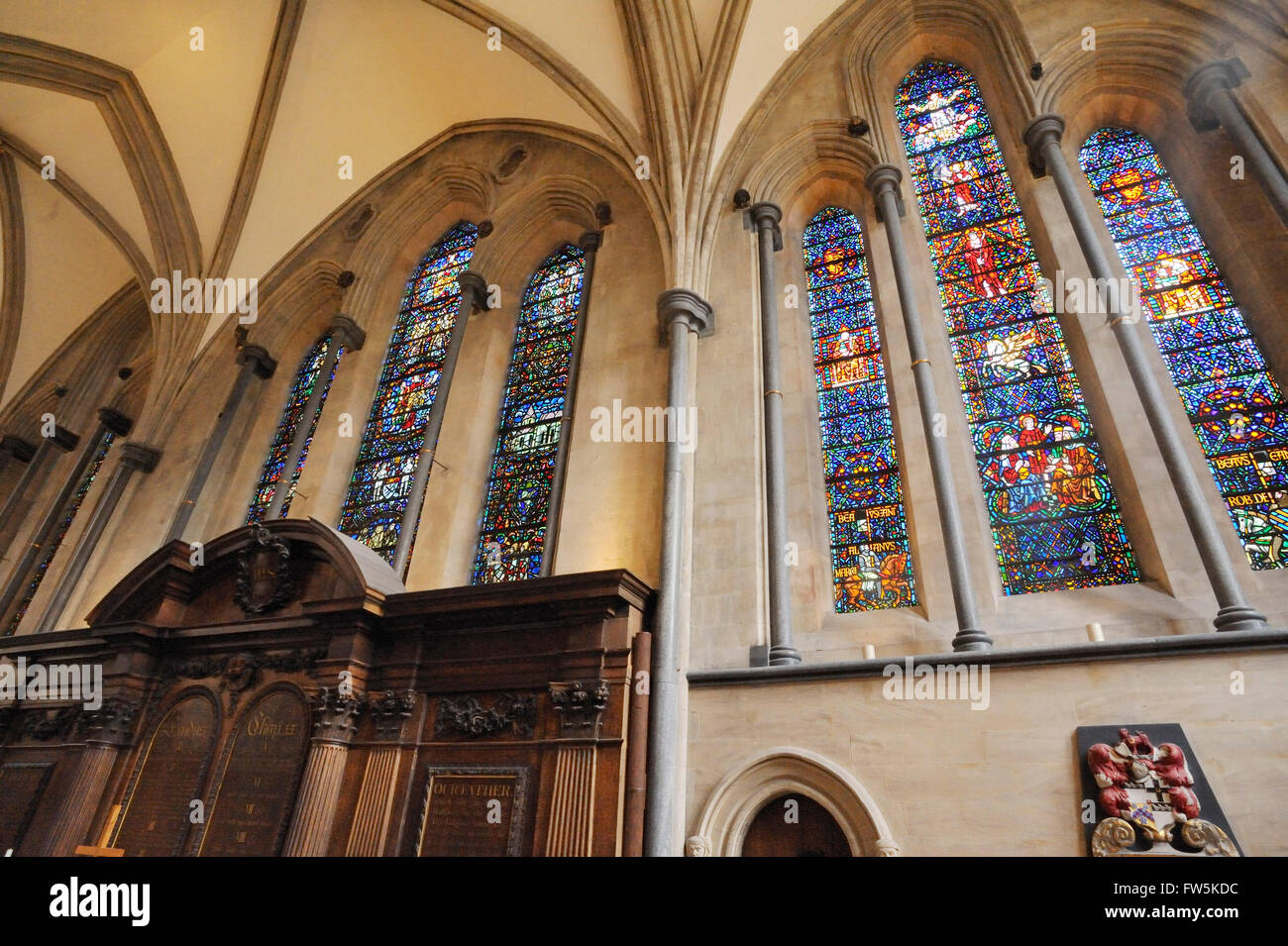 altar, reredos by Christopher Wren, and stained glass windows of ...